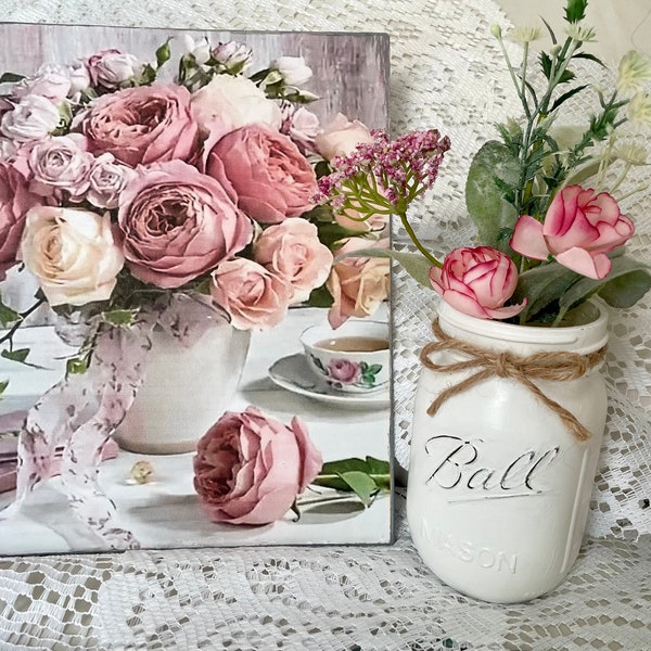 Vintage French Country Script Wall Art, Floral Peachy Pink Roses ...