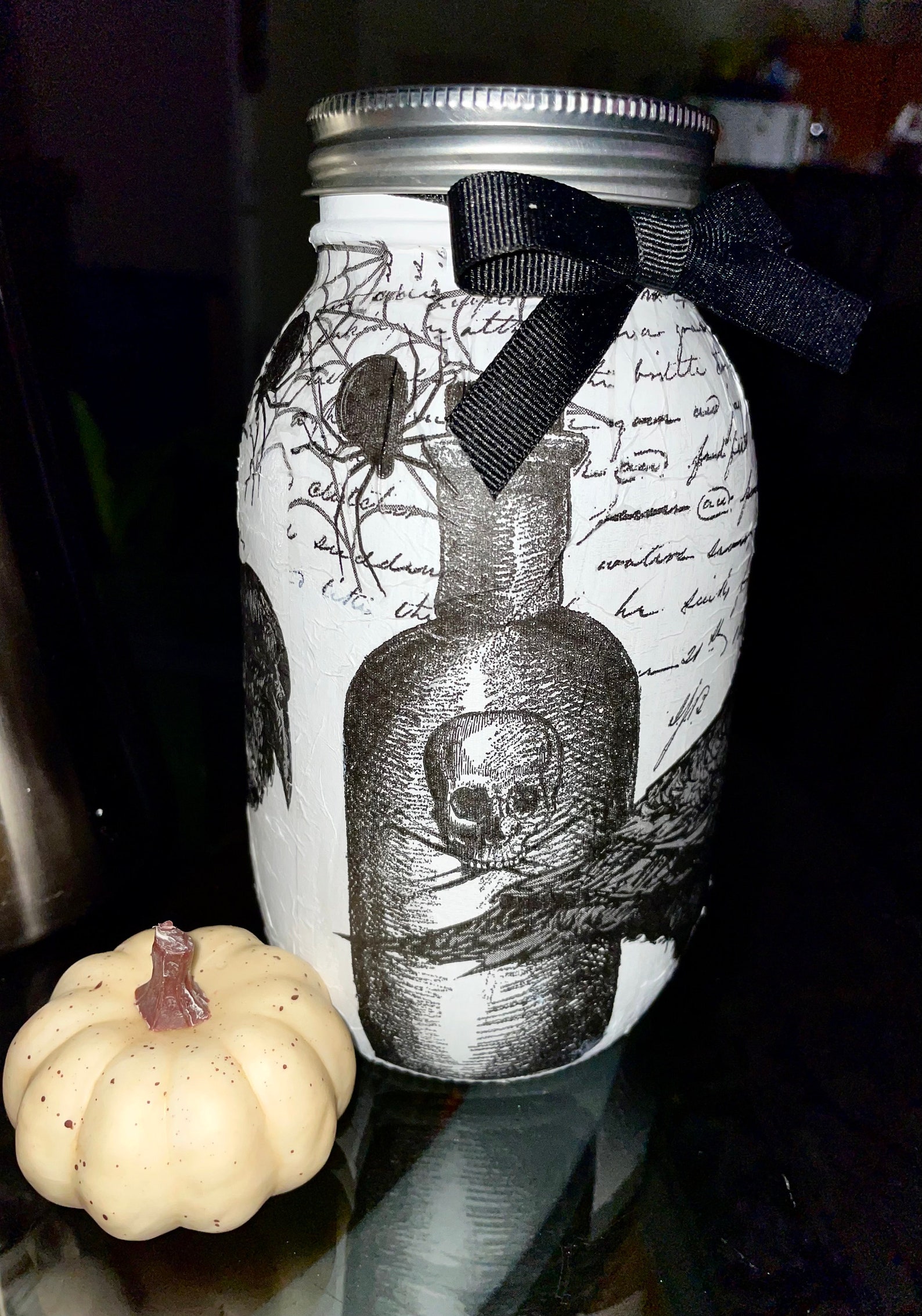 Halloween Mason Jar With LED Light Black and White Poison - Etsy