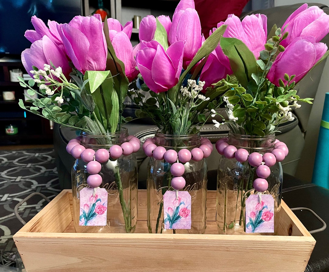 Beautiful Fuchsia Tulips, Greenery and Baby Breath Ball Mason Jar, Hand ...