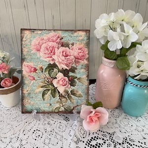 Vintage French Country Script Wall Art, Floral Pink Roses, Shabby Chic ...