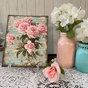 Vintage French Country Script Wall Art, Floral Pink Roses, Shabby Chic ...