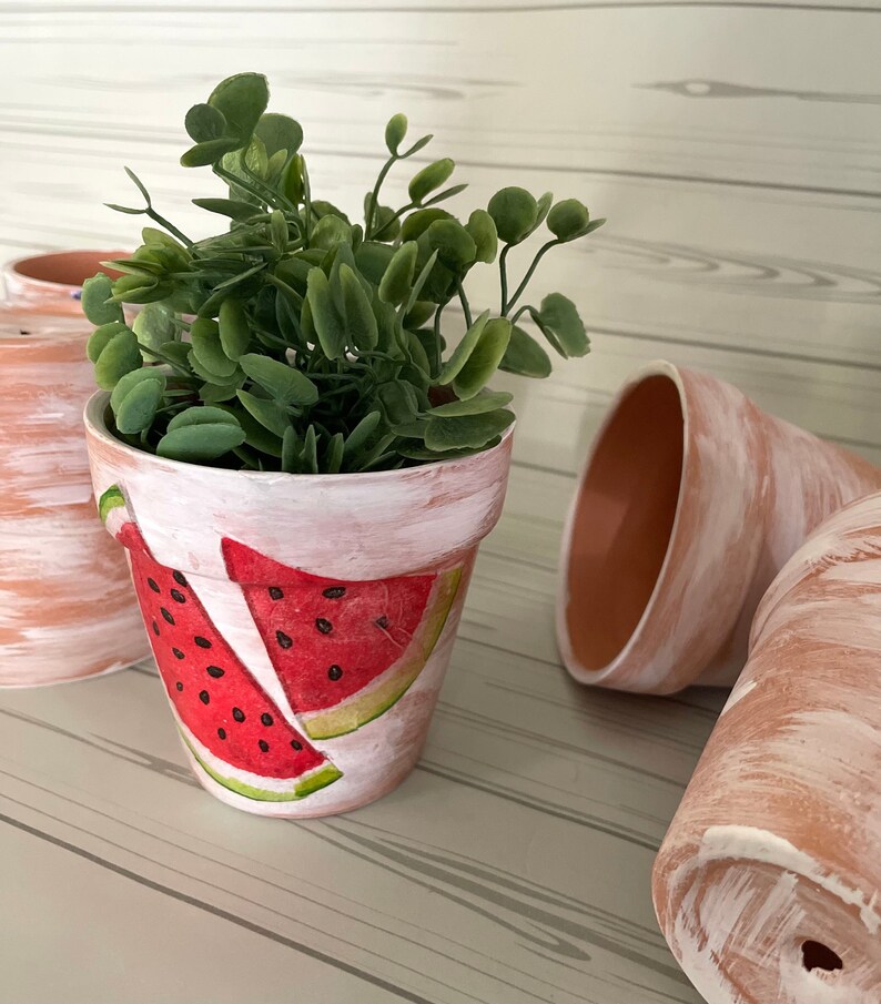 Watermelon Distressed Terracotta Clay Pot With Watermelon Slices. - Etsy