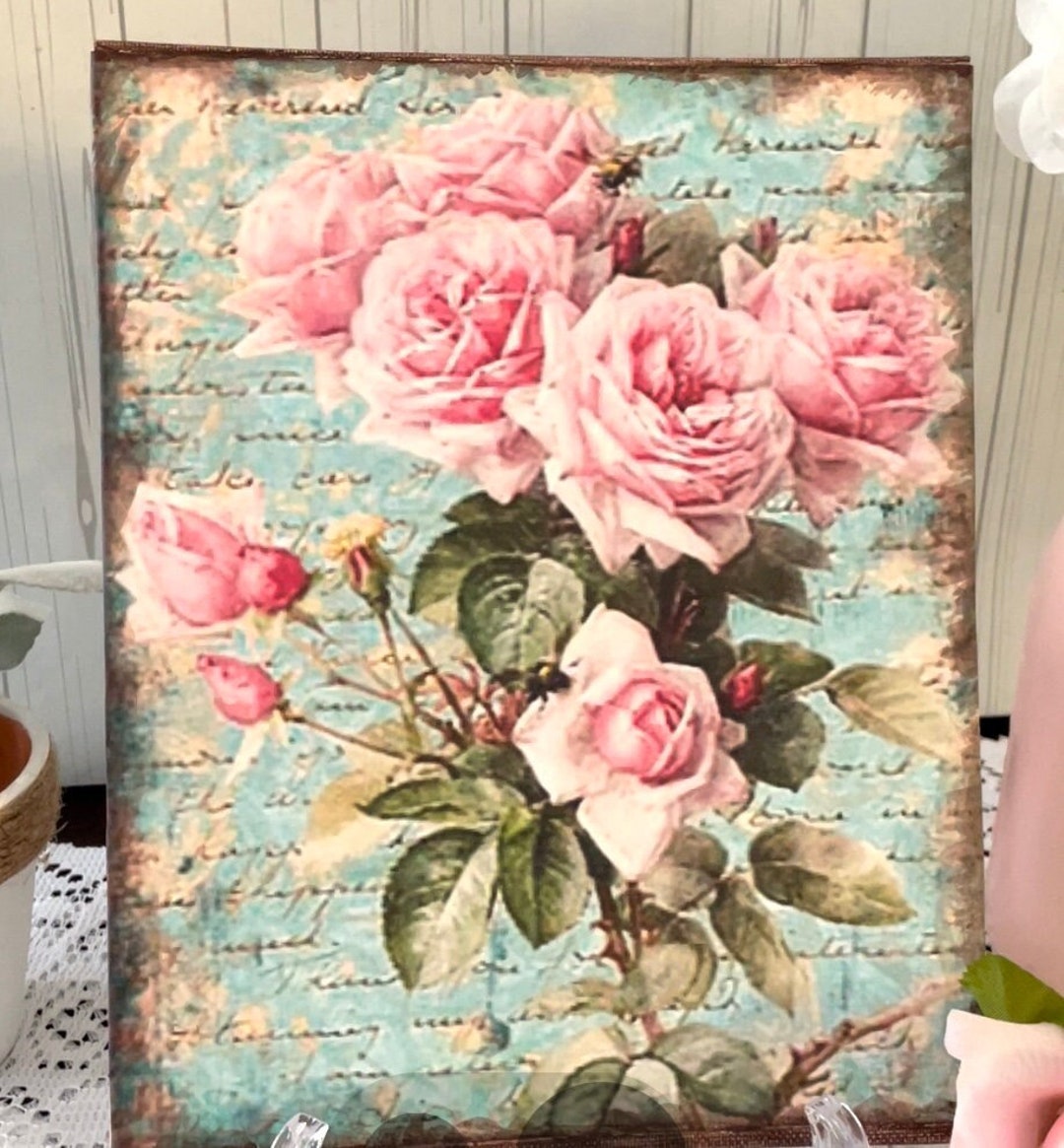 Vintage French Country Script Wall Art, Floral Pink Roses, Shabby Chic ...