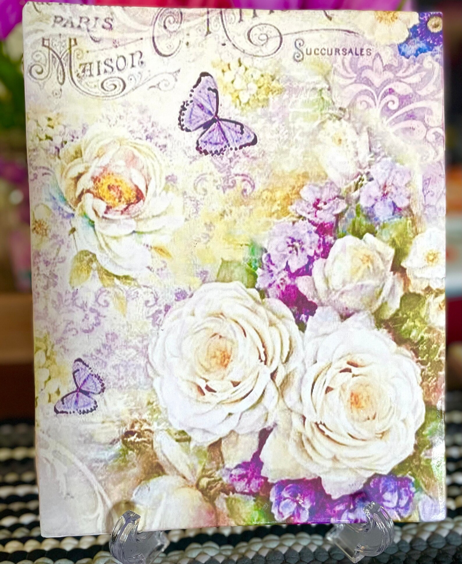 Vintage French Country Paris Script Wall Art, Pretty Purple Flowers and ...