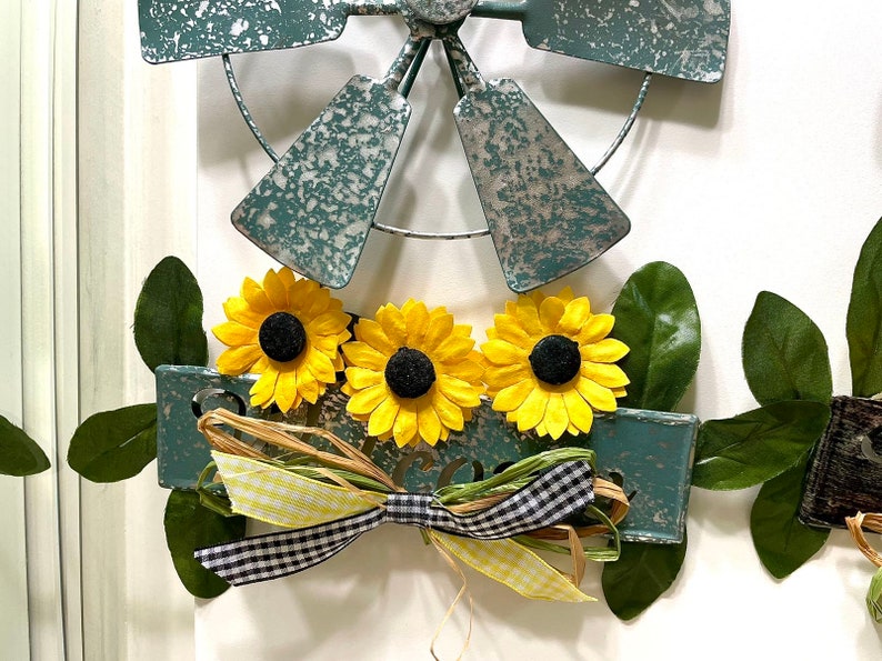 Rustic Distressed Galvanized Metal Windmill Welcome Sign, Sunflowers ...