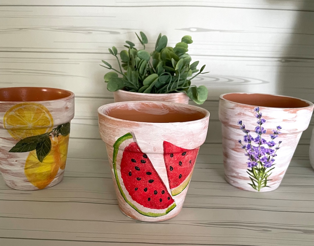 Watermelon Distressed Terracotta Clay Pot With Watermelon Slices. - Etsy