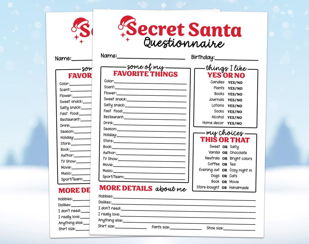 Secret Santa Questionnaire Printable, Secret Santa Survey, Coworker ...