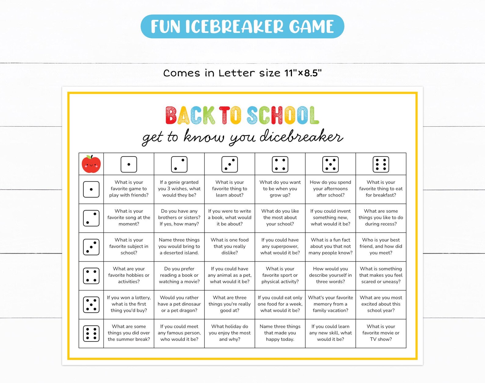 Back to School Dicebreaker, First Day of School Icebreaker, Kids ...