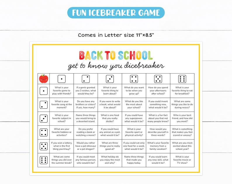 Back to School Dicebreaker, First Day of School Icebreaker, Kids ...
