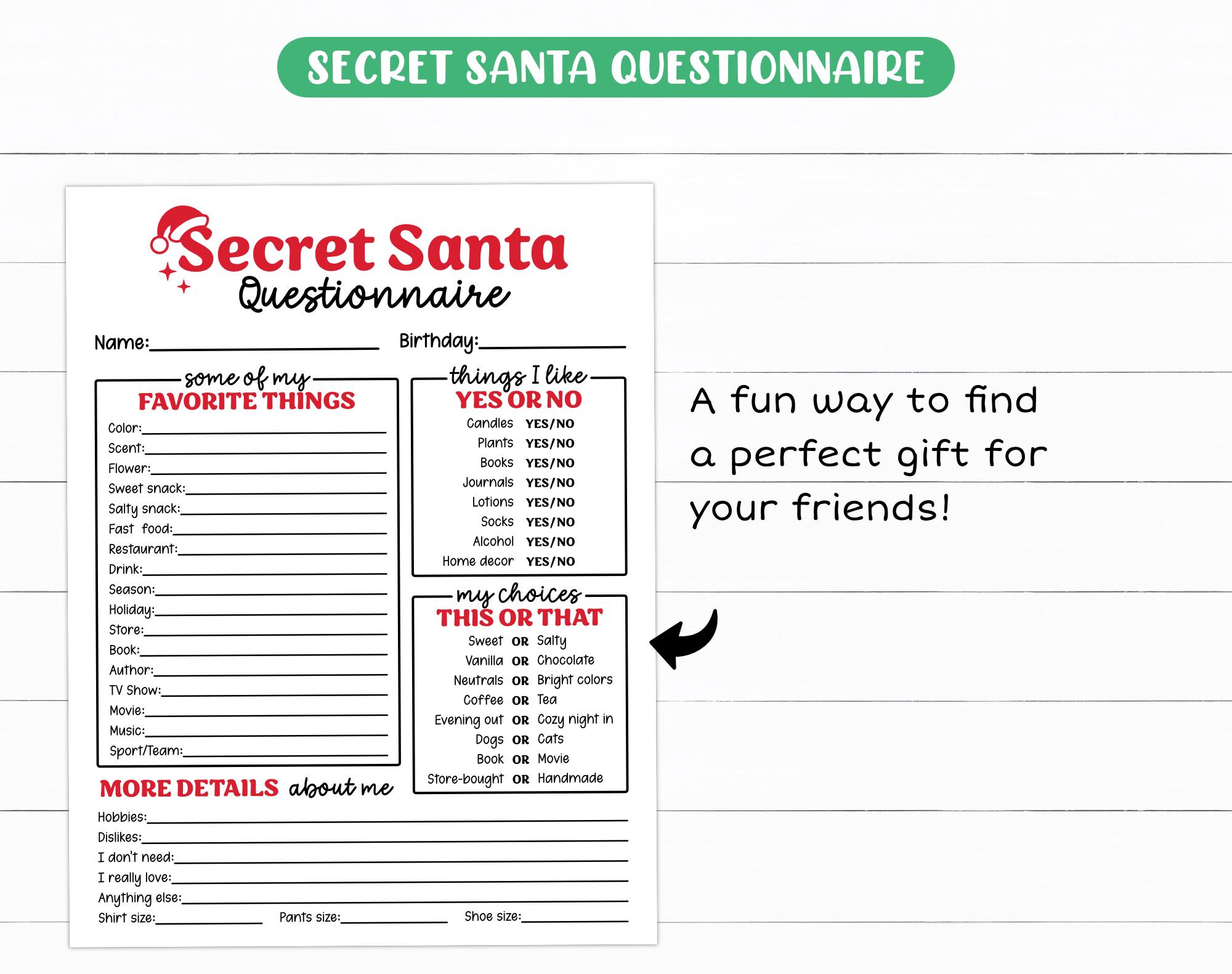 Secret Santa Questionnaire Printable, Secret Santa Survey, Coworker ...