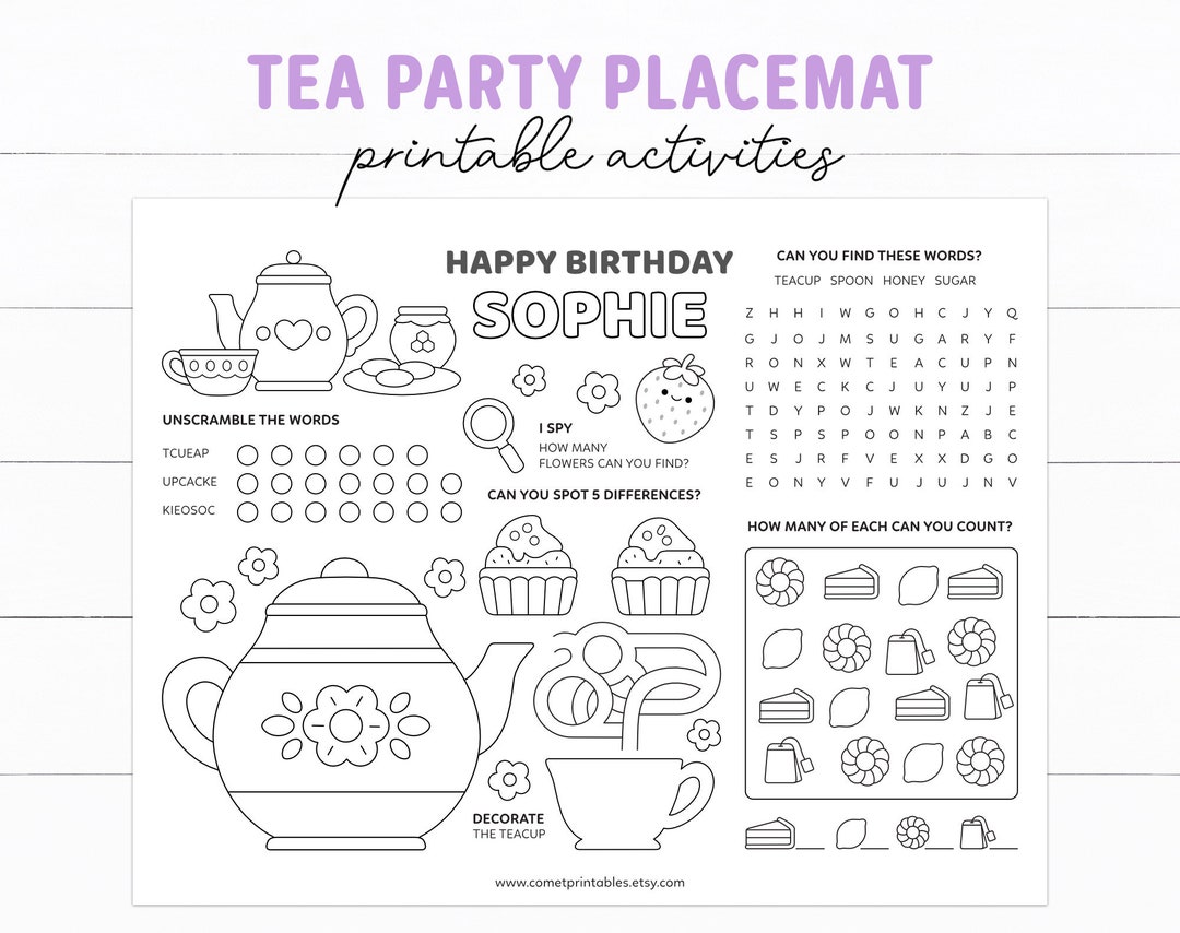 Printable Tea Party Coloring Placemat for Kids, Personalized Girls Tea ...