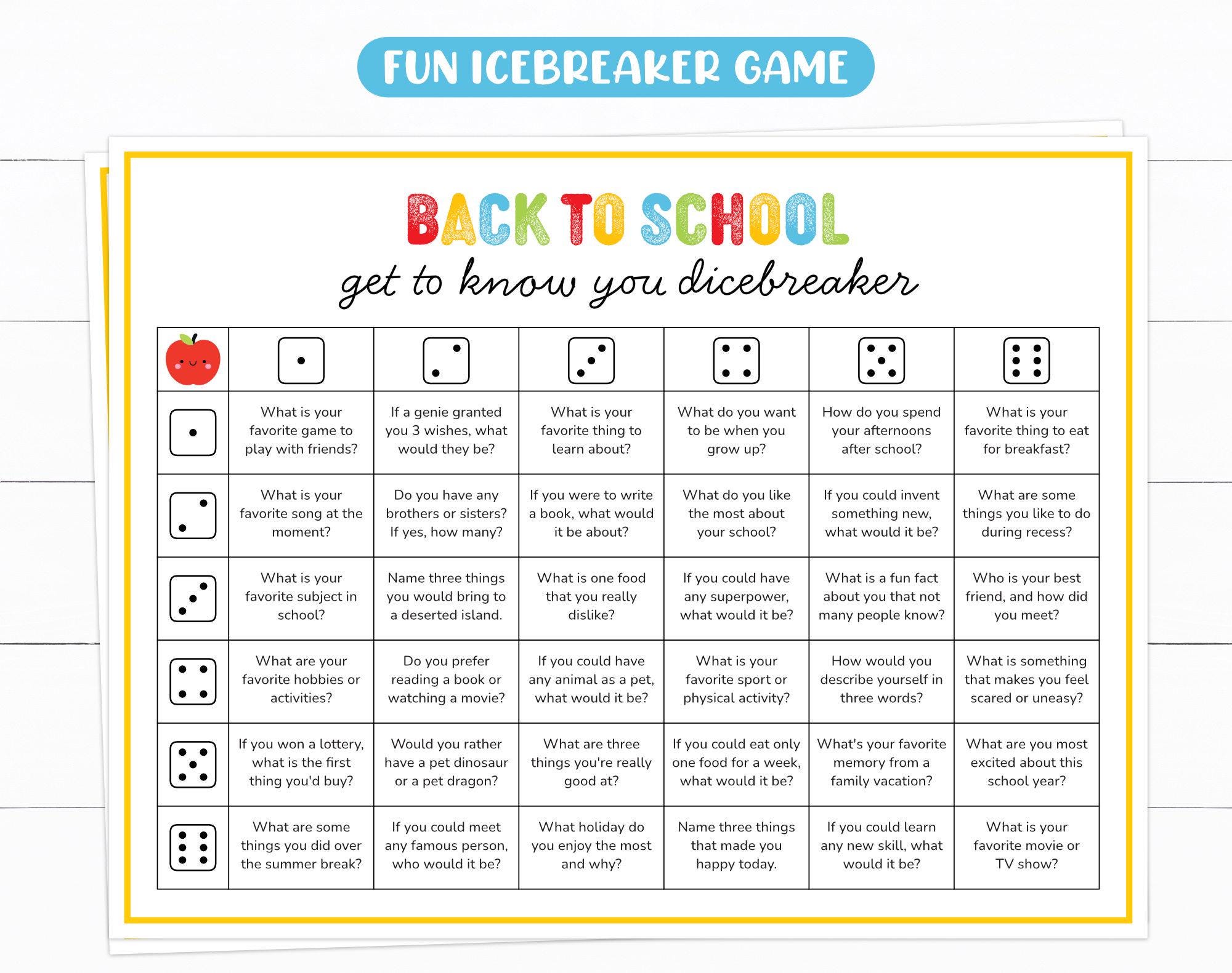 Back to School Dicebreaker, First Day of School Icebreaker, Kids ...