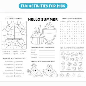 Summer Placemat for Kids, Printable Summer Coloring Placemat, Summer ...