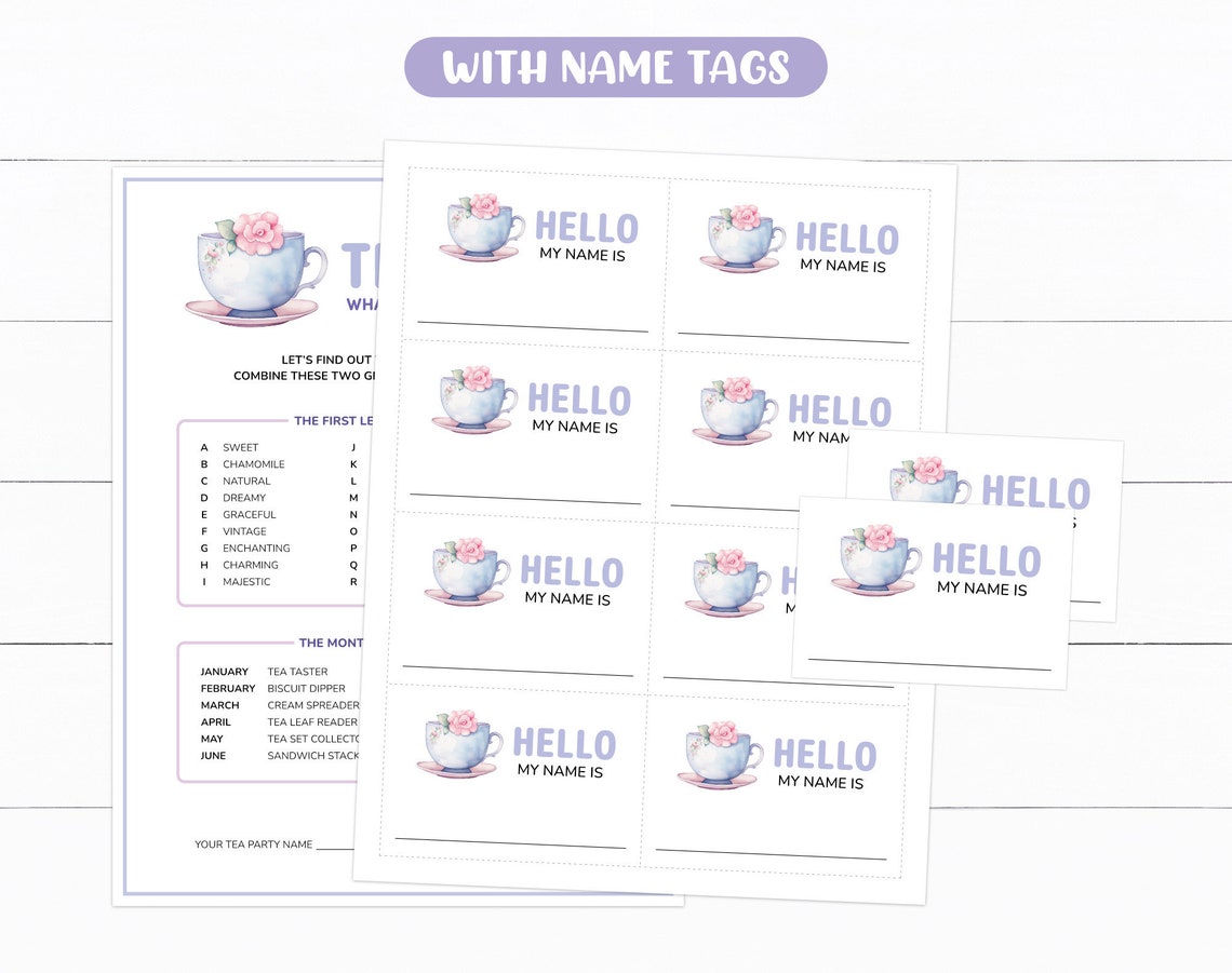 What's Your Tea Party Name, Name Create Tags, Purple Tea Party Games ...