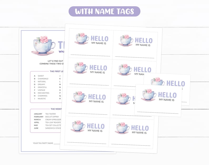 What's Your Tea Party Name, Name Create Tags, Purple Tea Party Games ...