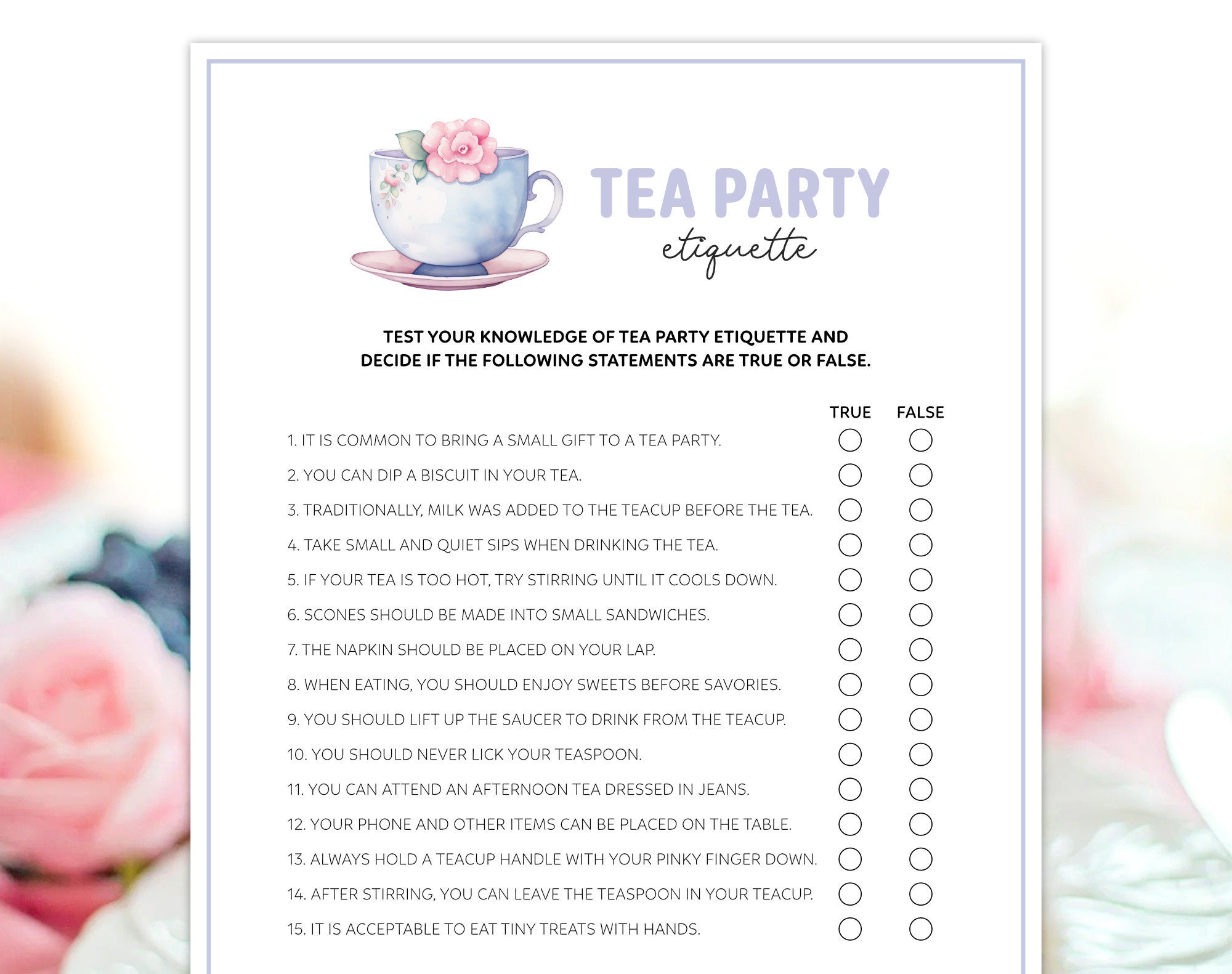 Tea Party Etiquette Game, Tea Etiquette Trivia Quiz, Printable Kids Tea ...