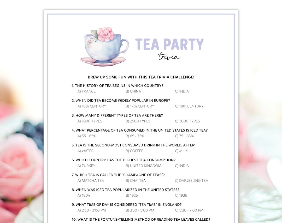 Tea Party Trivia for Kids, Tea Trivia Game, Tea Party Trivia Quiz ...
