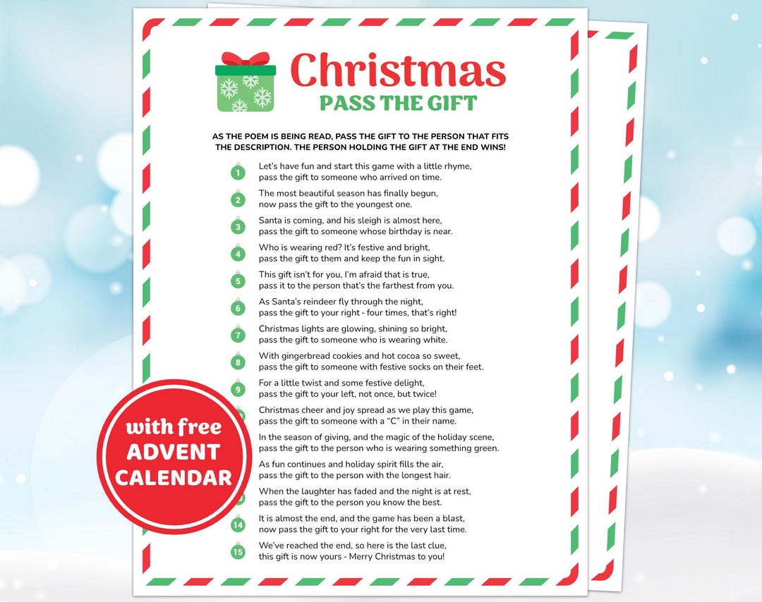 Christmas Pass the Gift Game, Pass the Prize Poem, Pass the Present ...