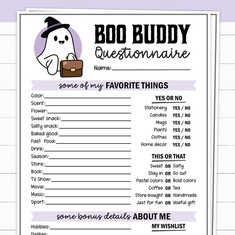 Boo Buddies Questionnaire - Etsy