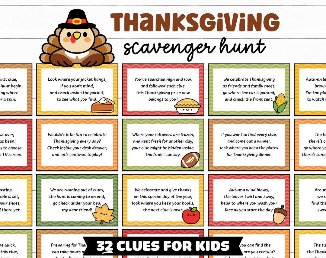 Thanksgiving Scavenger Hunt Clues for Kids, Printable Scavenger Hunt ...