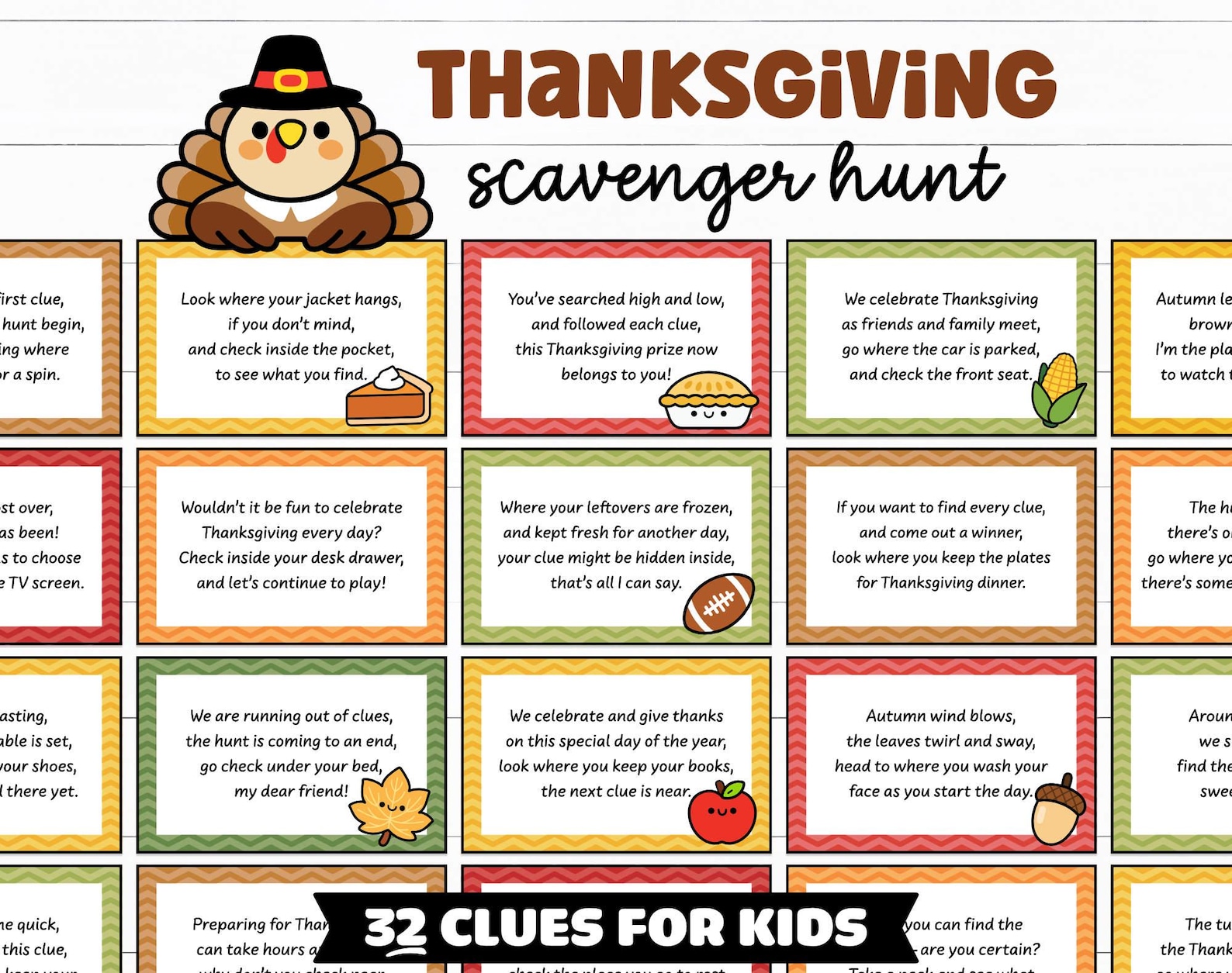 Thanksgiving Scavenger Hunt Clues for Kids, Printable Scavenger Hunt ...