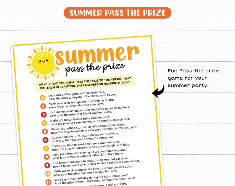 Summer Pass the Prize Game, Pass the Prize Summer Game, Summer Pass the ...