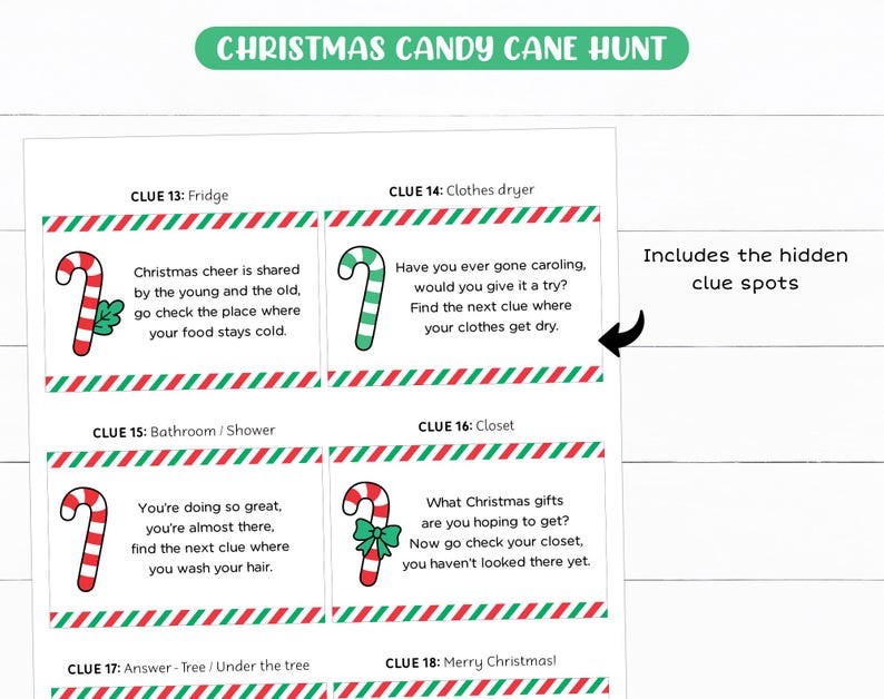 Candy Cane Hunt Clues, Candy Cane Scavenger Hunt, Candy Cane Treasure ...