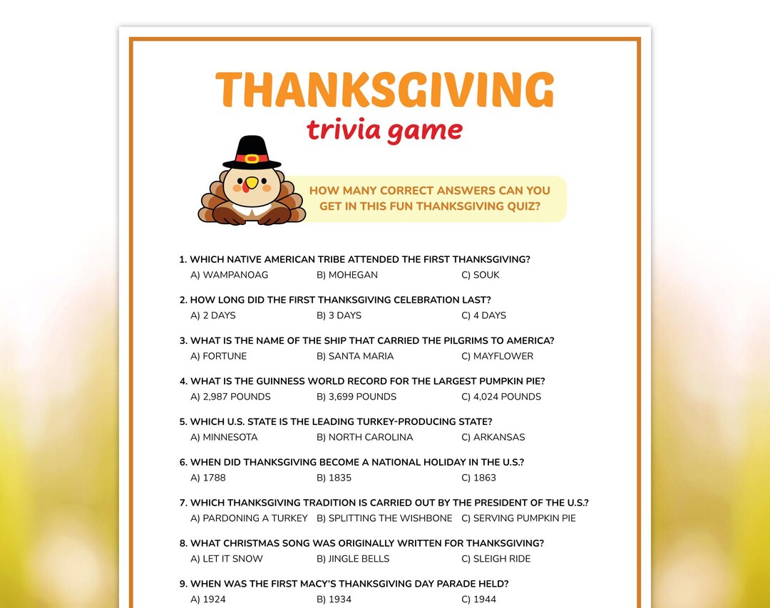 Thanksgiving Trivia Game, Thanksgiving Trivia Questions, Printable ...
