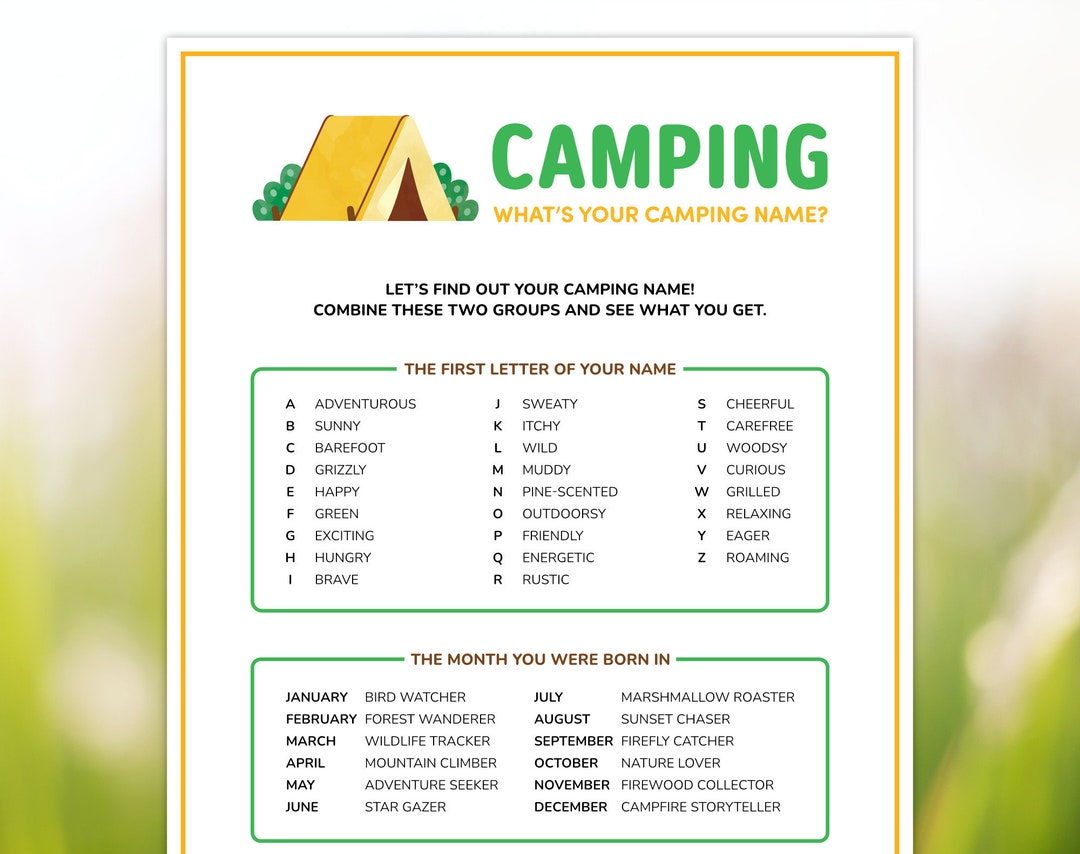 What's Your Camping Name Game With Tags, Create a Camping Name, Camping ...