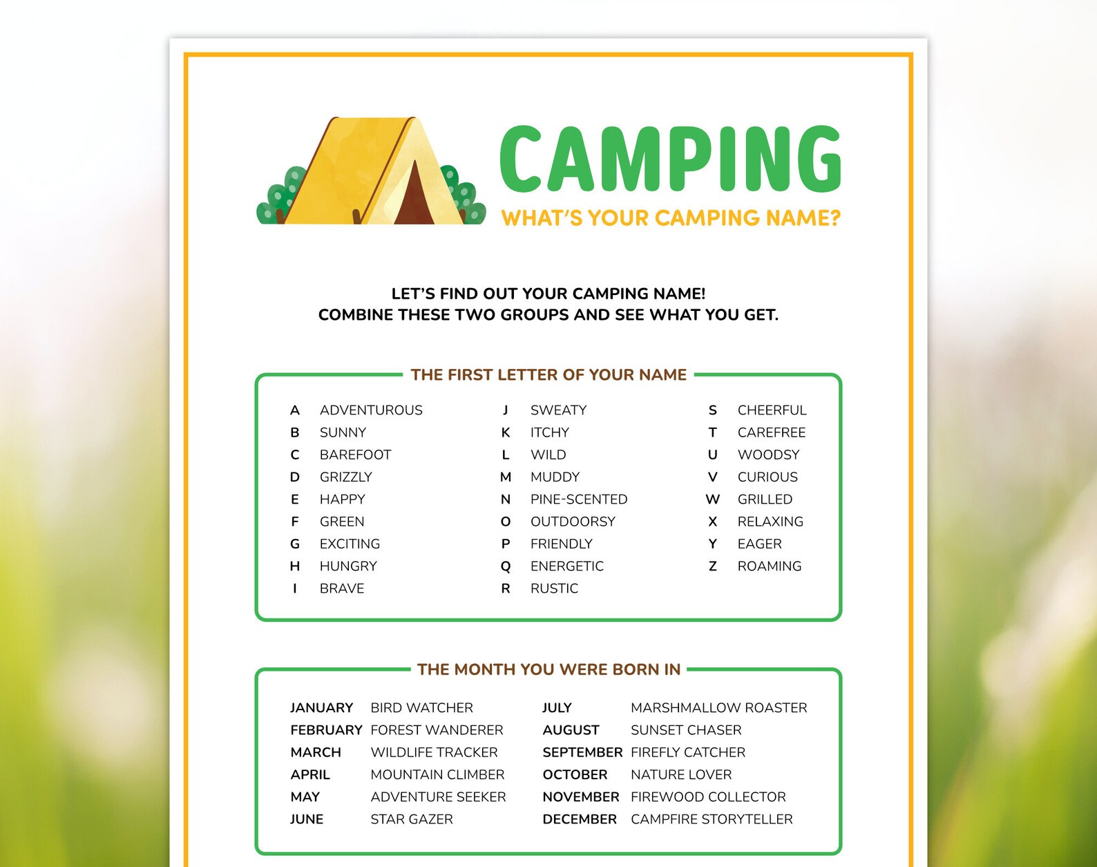 What's Your Camping Name Game With Tags, Create a Camping Name, Camping ...