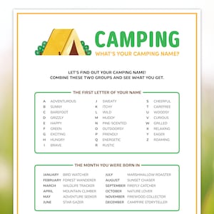 What's Your Camping Name Game With Tags, Create a Camping Name, Camping ...