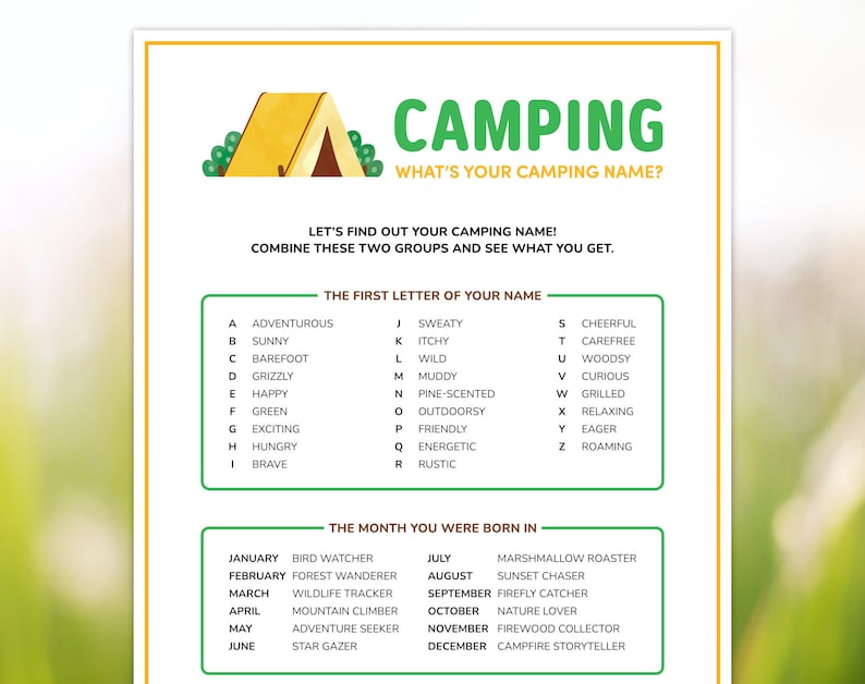 What's Your Camping Name Game With Tags, Create a Camping Name, Camping ...