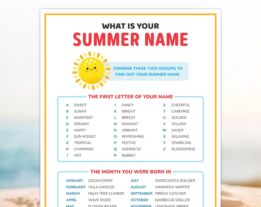 What's Your Summer Name Game With Tags, Kids Name Generator, Summer ...
