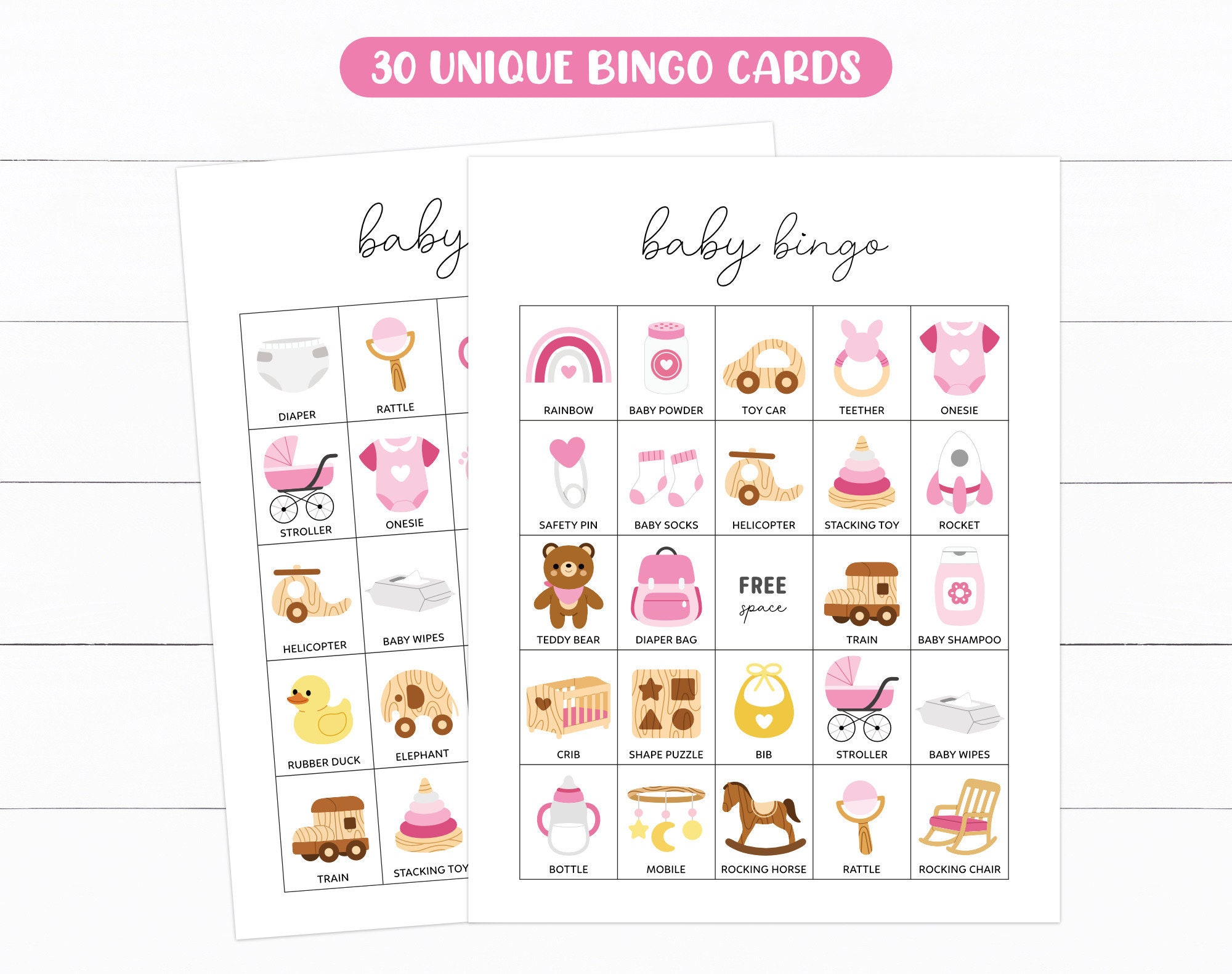 Prefilled Baby Shower Bingo Cards With Pictures, Pink Baby Girl Bingo ...