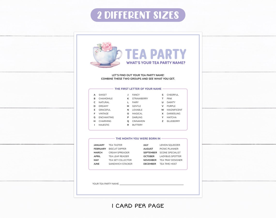What's Your Tea Party Name, Name Create Tags, Purple Tea Party Games ...
