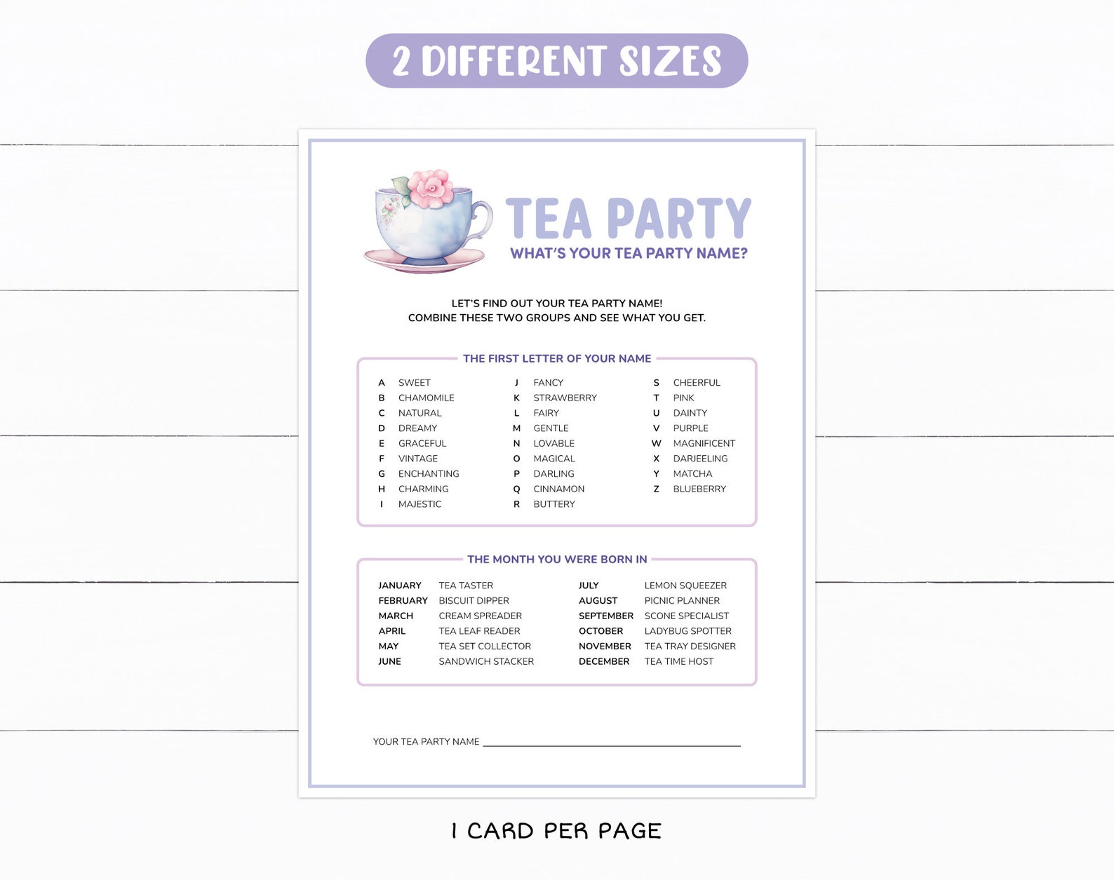 What's Your Tea Party Name, Name Create Tags, Purple Tea Party Games ...