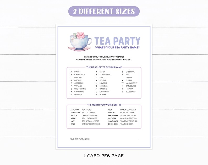 What's Your Tea Party Name, Name Create Tags, Purple Tea Party Games ...