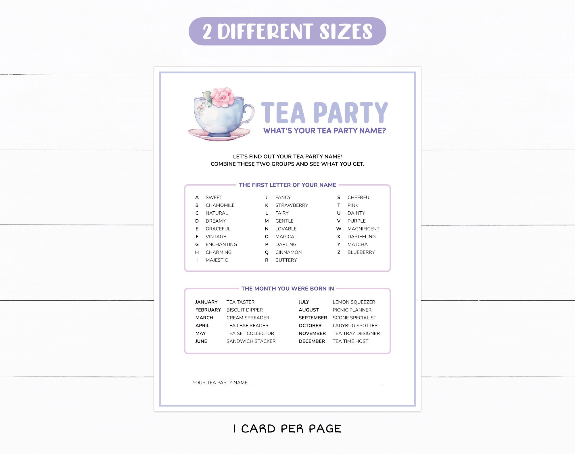 What's Your Tea Party Name, Name Create Tags, Purple Tea Party Games ...
