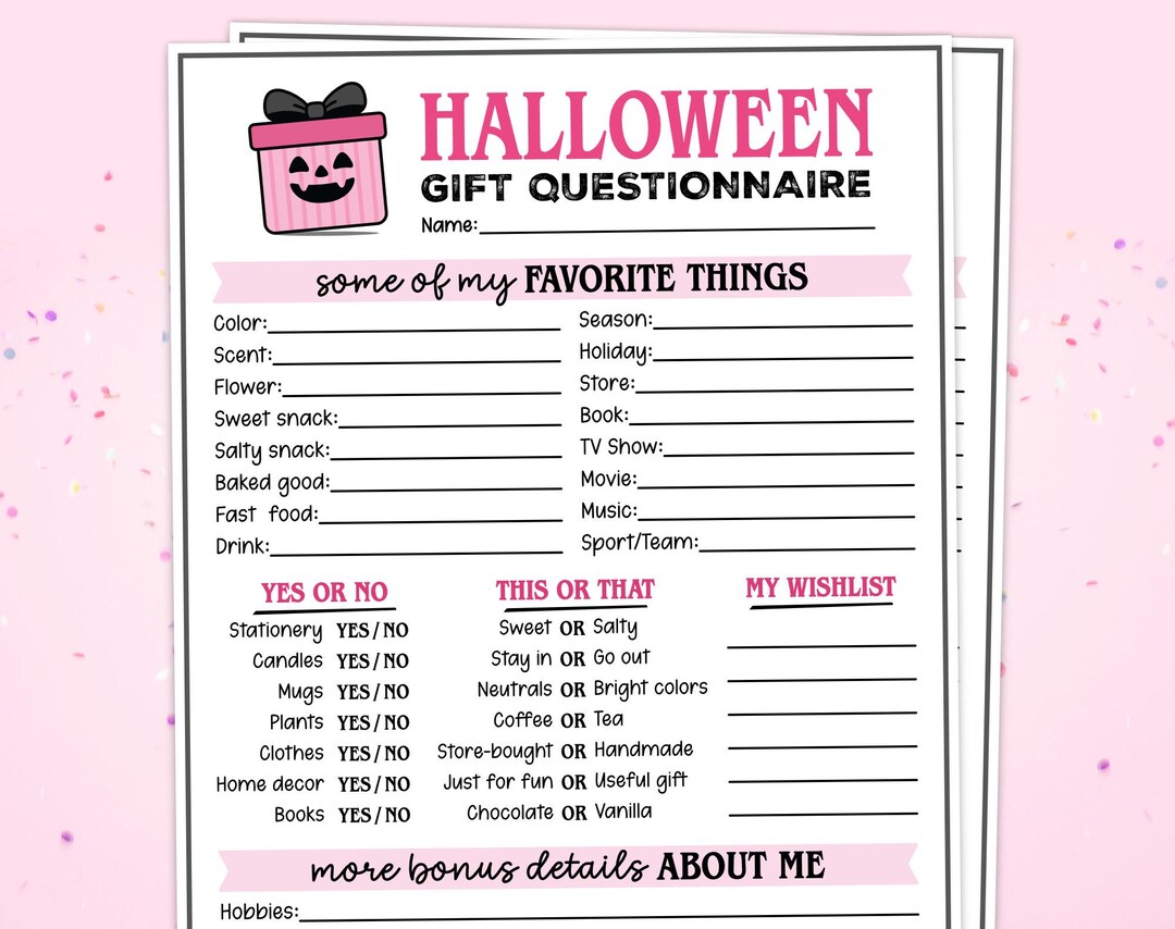 Pink Halloween Boo Buddies Questionnaire, Boo Buddy Gift Questionnaire ...