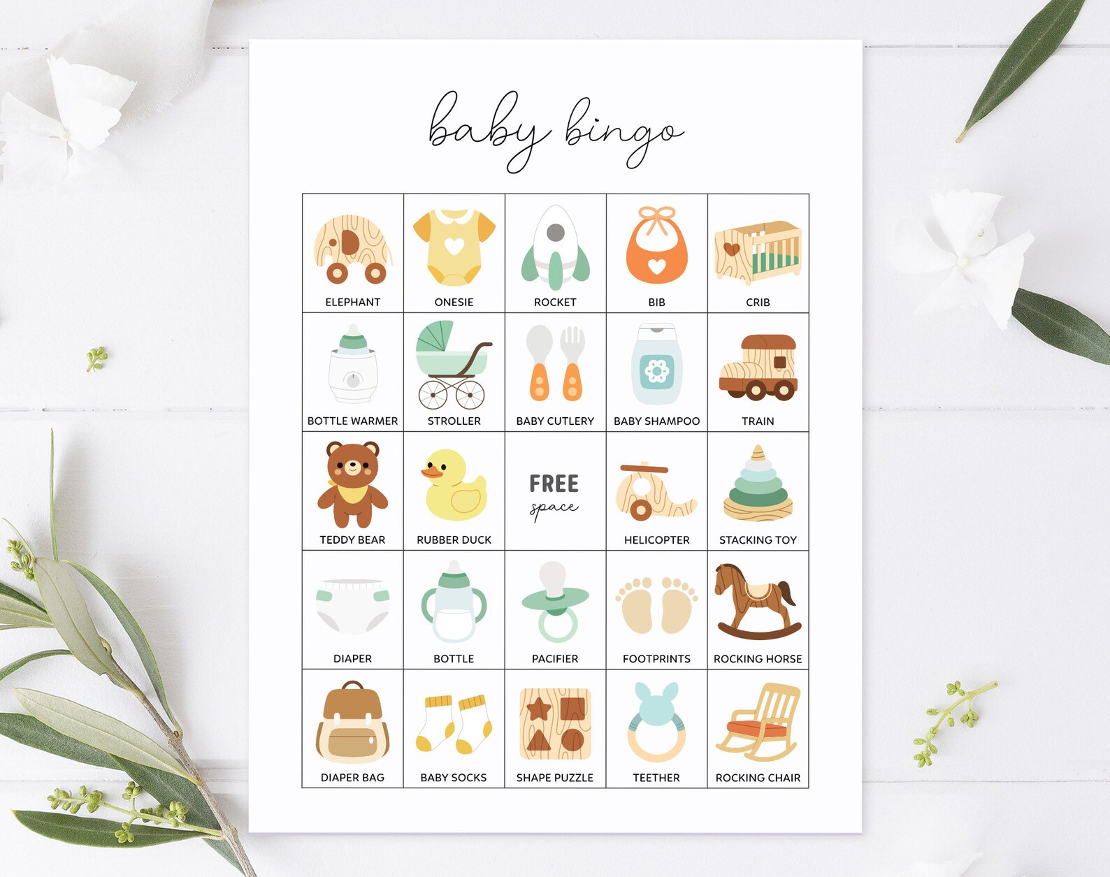 Gender Neutral Baby Bingo Cards With Pictures, Prefilled Baby Shower ...