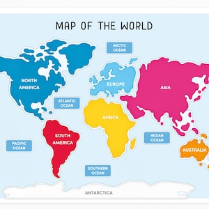 Continents and Oceans Matching Activity, Montessori World Map, 3 Part ...