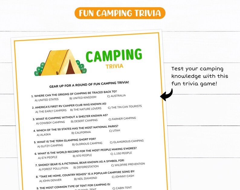 Camping Trivia Game, Camping Quiz Games, Camp Questions, Camping ...