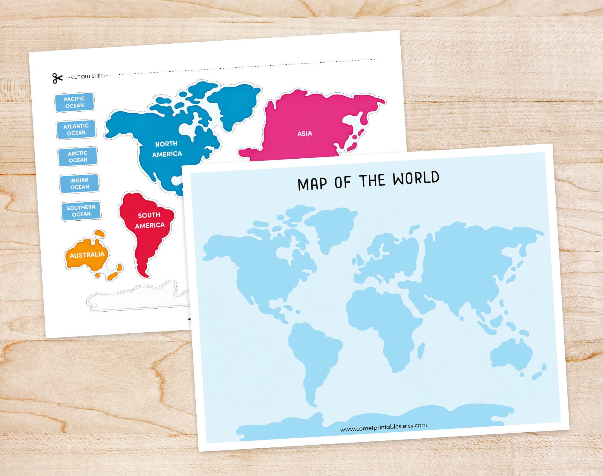 Continents and Oceans Matching Activity, Montessori World Map, 3 Part ...