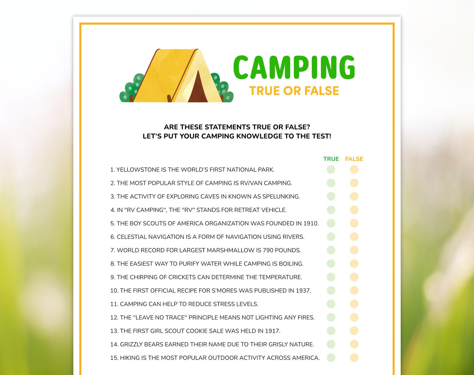 Camping Trivia Game, Camping Quiz Games, Camp Printables, Wildlife ...