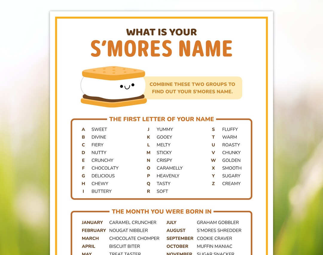 What's Your S'mores Name Game With Tags, Whats Your Smores Name ...