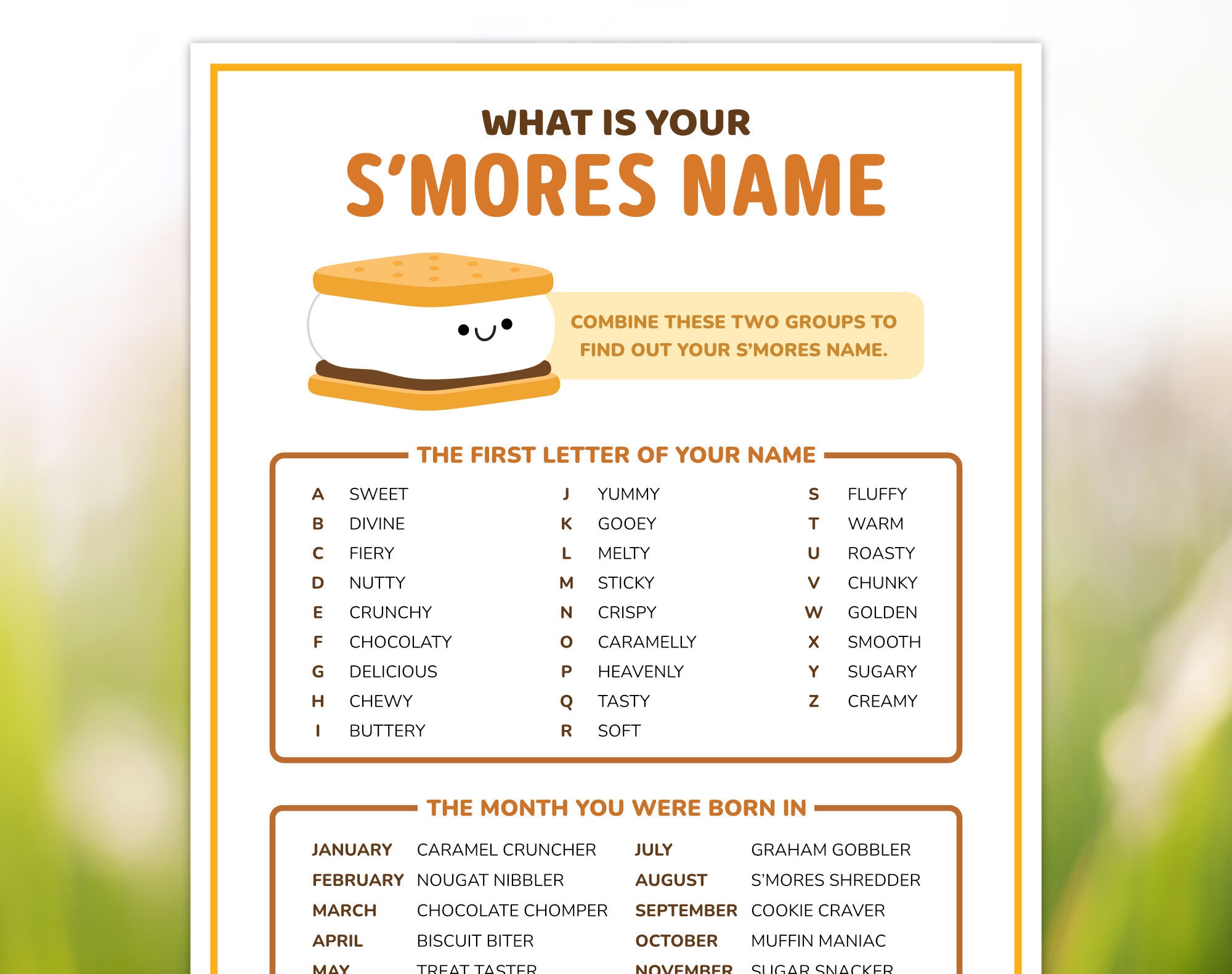 What's Your S'mores Name Game With Tags, Whats Your Smores Name Generator, National S'mores Day ...