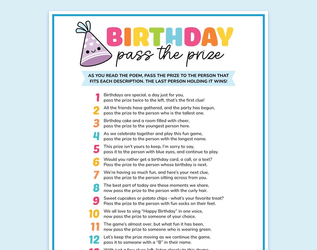 Birthday Pass the Prize Game, Pass the Prize Birthday Game, Birthday ...