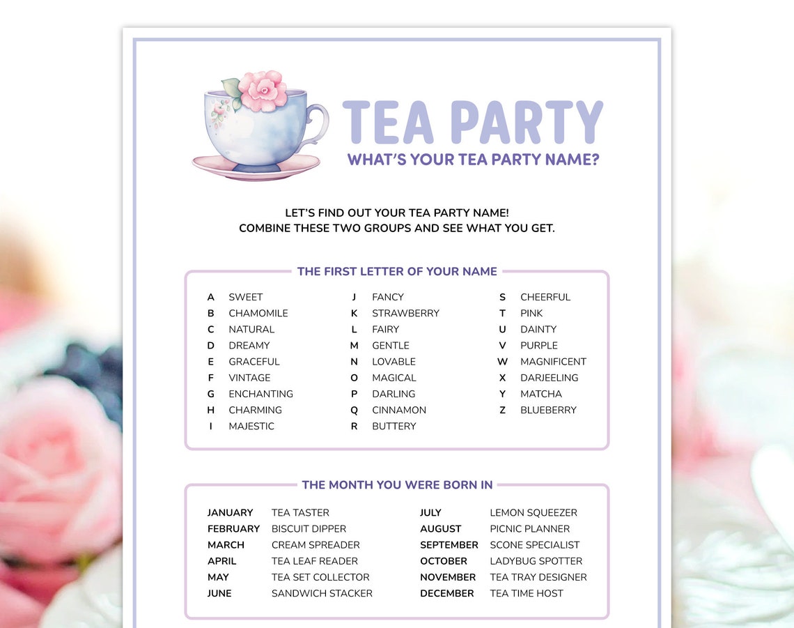 What's Your Tea Party Name, Name Create Tags, Purple Tea Party Games ...