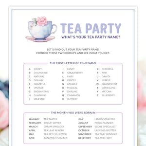 What's Your Tea Party Name, Name Create Tags, Purple Tea Party Games ...