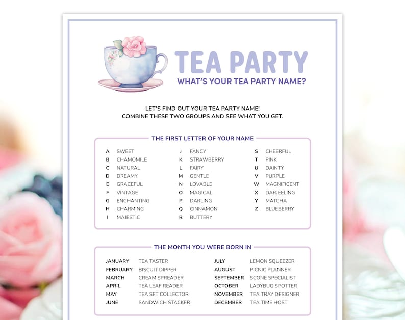 What's Your Tea Party Name, Name Create Tags, Purple Tea Party Games ...